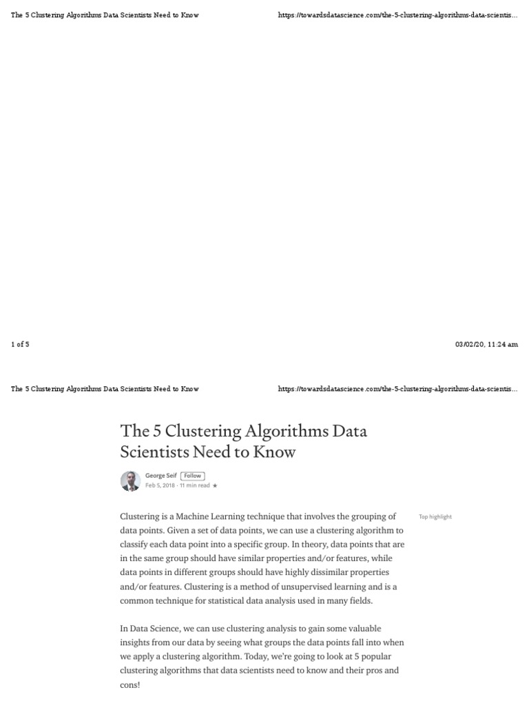 The 5 Clustering Algorithms Data Scientists Need To Know Pdf Data Science Machine Learning