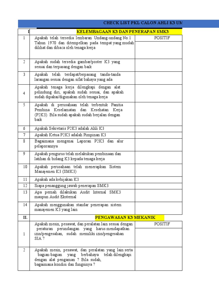 Pedoman CheckList Observasi PKL Calon AK3 Umum | PDF