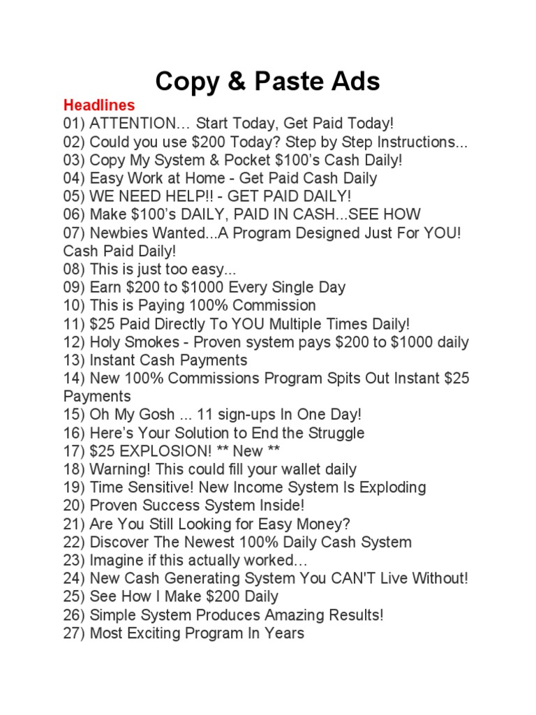 Copy & Paste Ads: Headlines | PDF | Telecommuting | Money