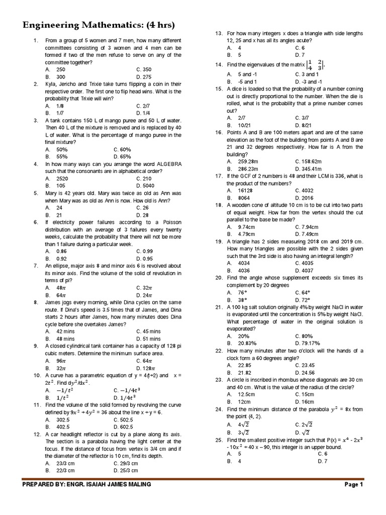 Engineering Mathematics Board Exam | PDF | Triangle | Area