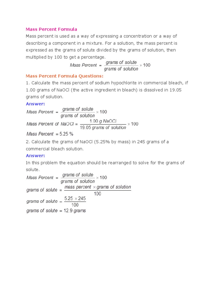 Mass Percent Formula Questions | PDF
