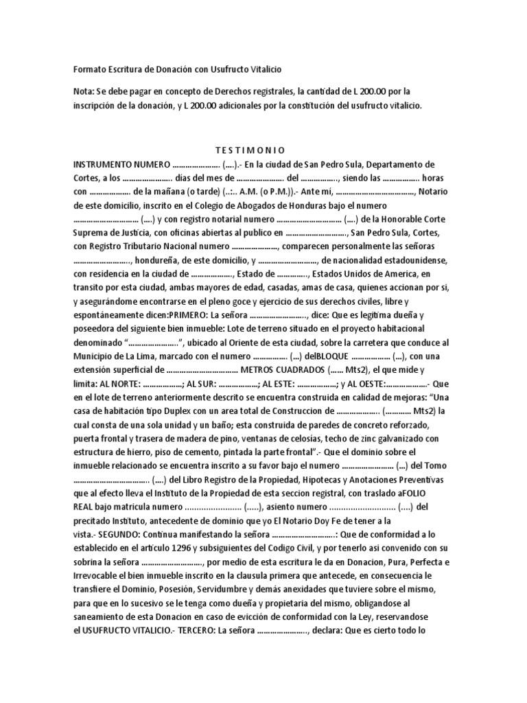 Formato Escritura de Donacion Con Usufructo Vitalicio | PDF | Propiedad | Justicia