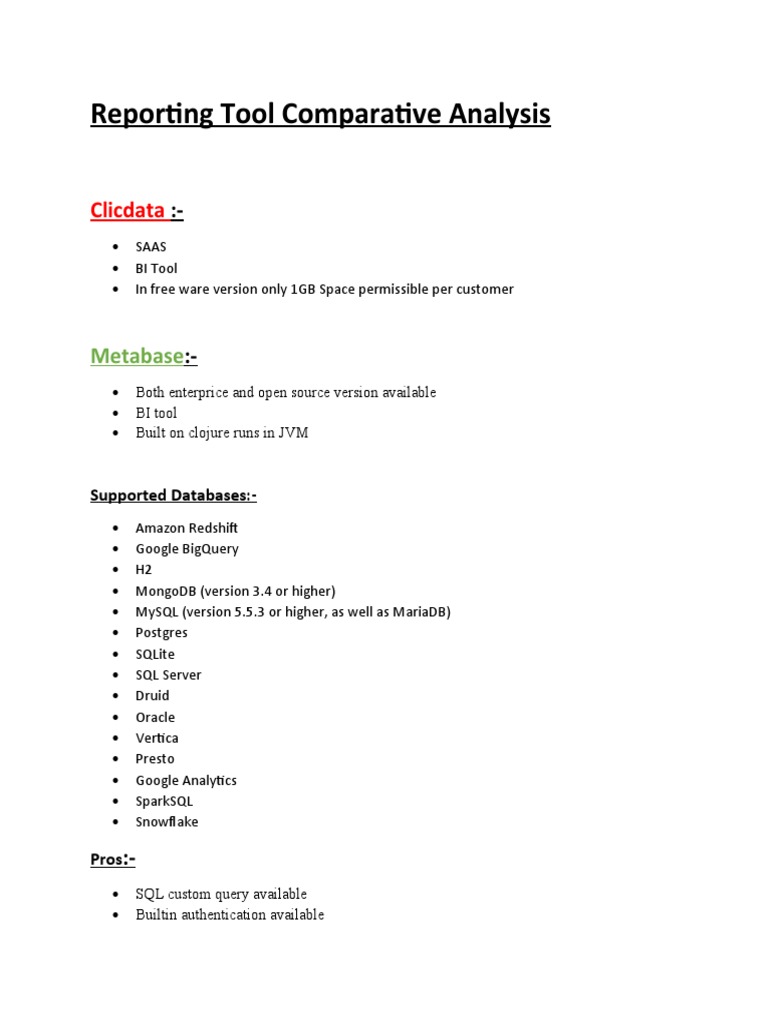 Reporting Tool Comparative Analysis | PDF | Postgre Sql | Sql