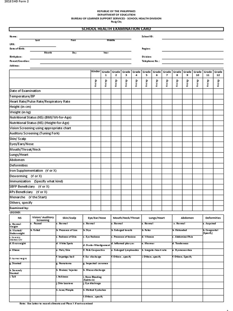 School Health Examination Card: Republic of The Philippines Department ...