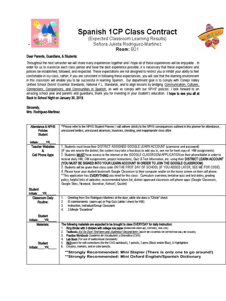 Spanish 1cp 2cp Class Contract | PDF | Morphology | Linguistic Typology