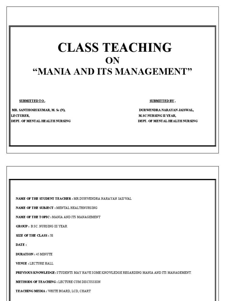 Class Teaching: ON "Mania and Its Management" | PDF | Mania | Bipolar ...