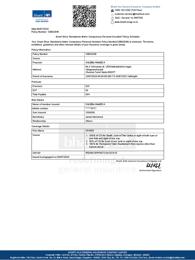 Bharti Axa Motor Insurance Policy Details | PDF | Insurance | Risk