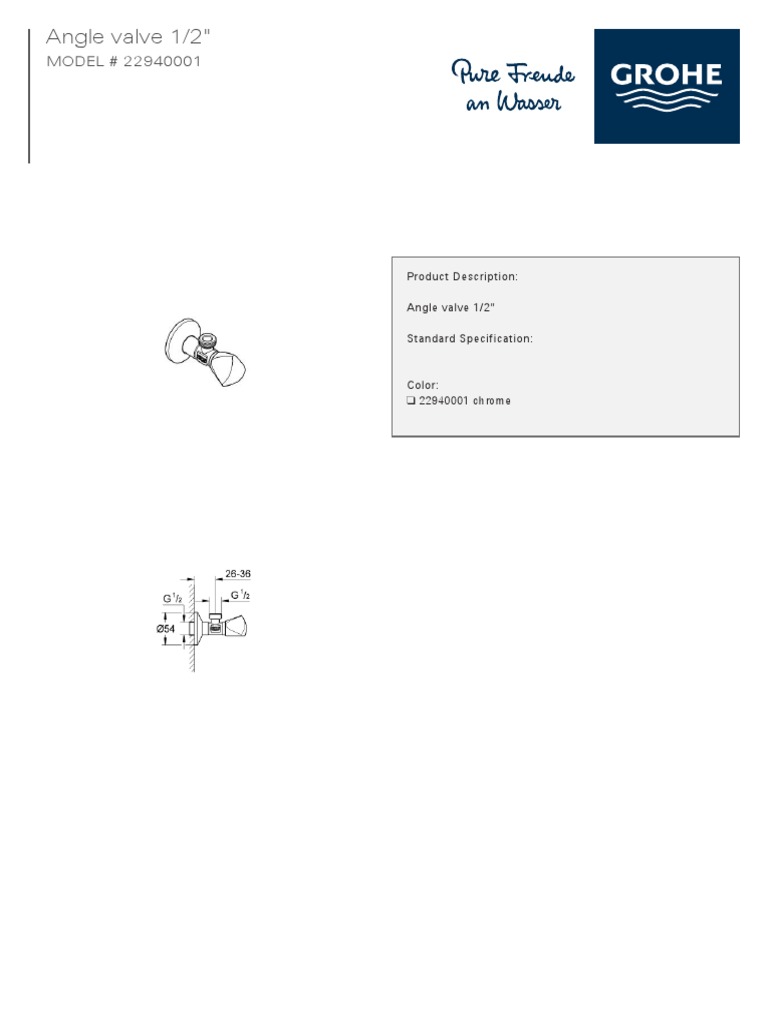 Grohe Angle Valve 1/2" Model 22940001 | PDF | Home & Garden