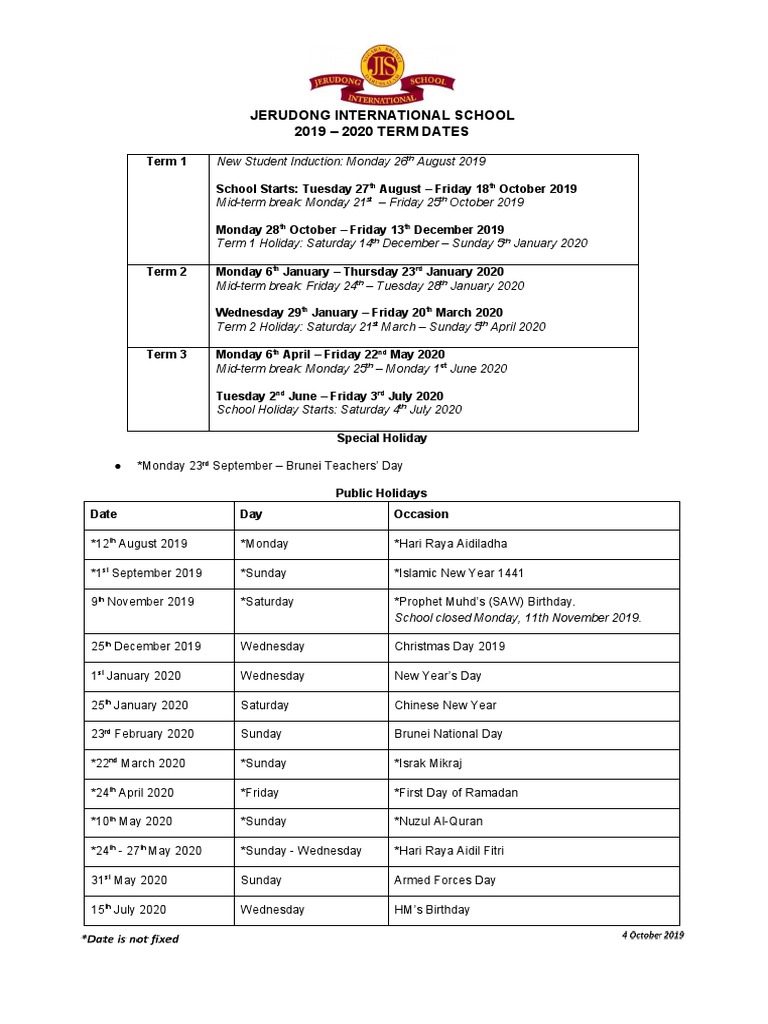 JIS 2019-2020 Term Dates Overview | PDF | Religious Holidays | Public ...