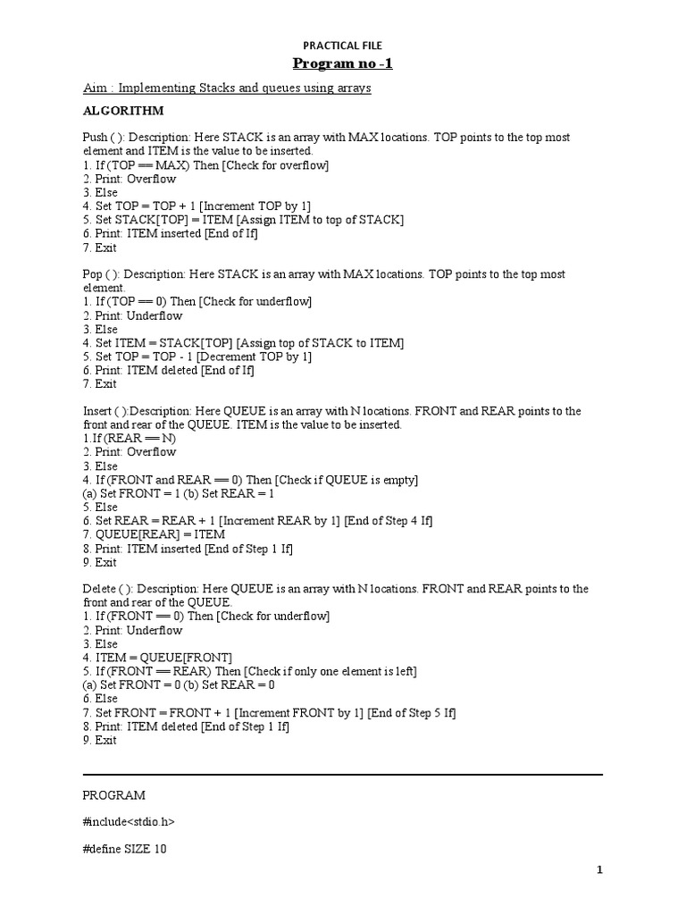 Program No 1 Aim Implementing Stacks And Queues Using Arrays Pdf Queue Abstract Data