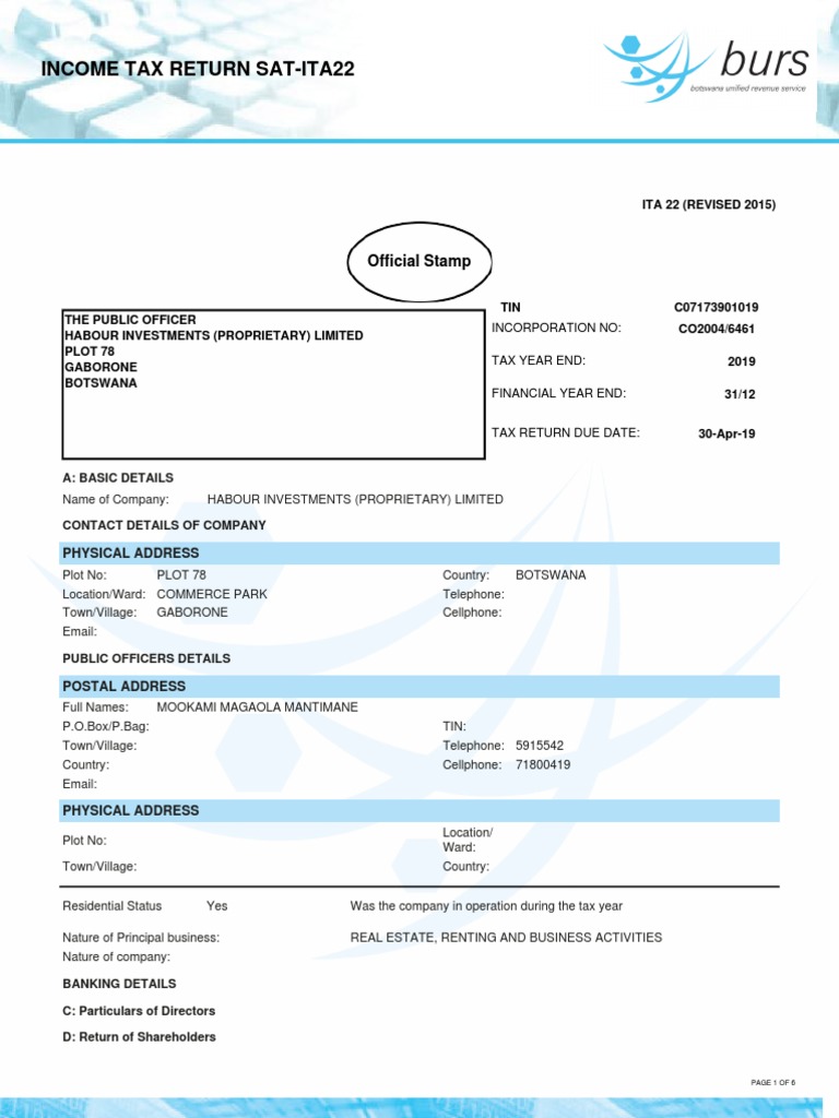 Income Tax Return Sat-Ita22: Official Stamp | PDF | Expense | Bad Debt