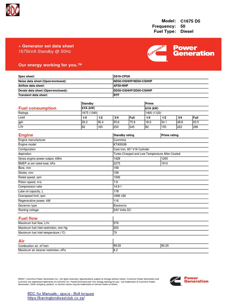 Cummins c1675 d5 Spec Sheet With Kta50 Specs Appended Ado PDF | PDF ...
