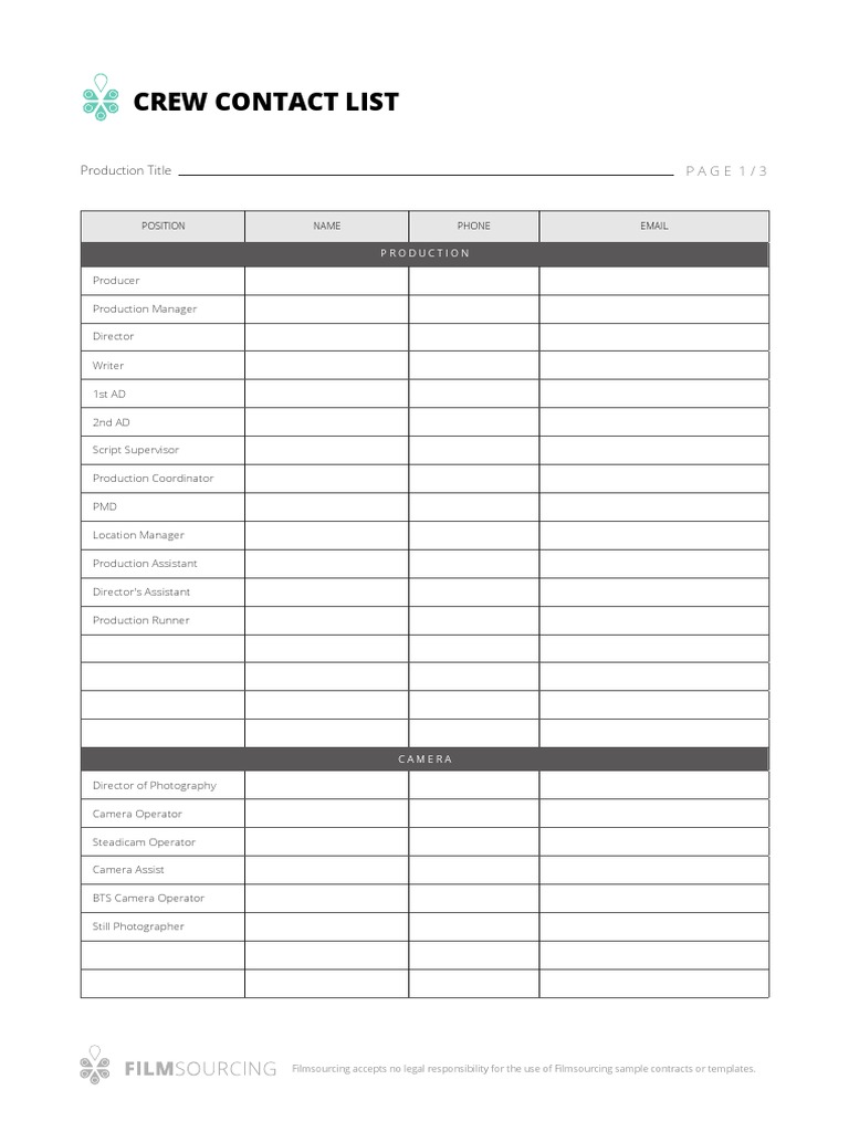 Crew Contact List Sample PDF | PDF | Filmmaking | Film Industry