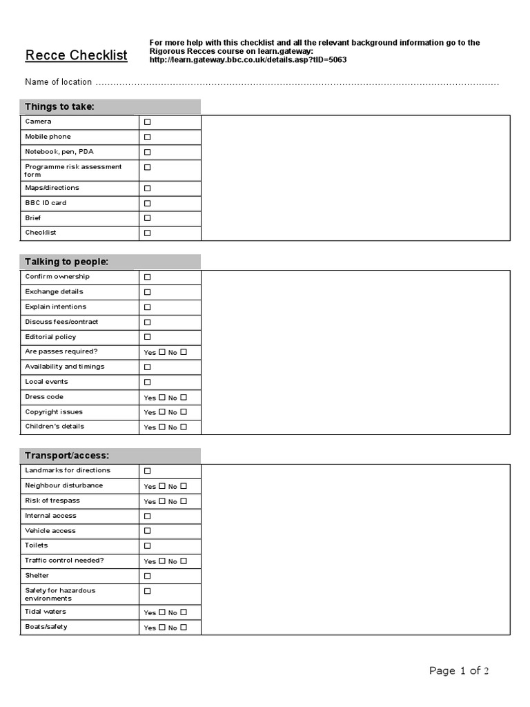 PelliChoopulu - Recce Checklist PDF | PDF