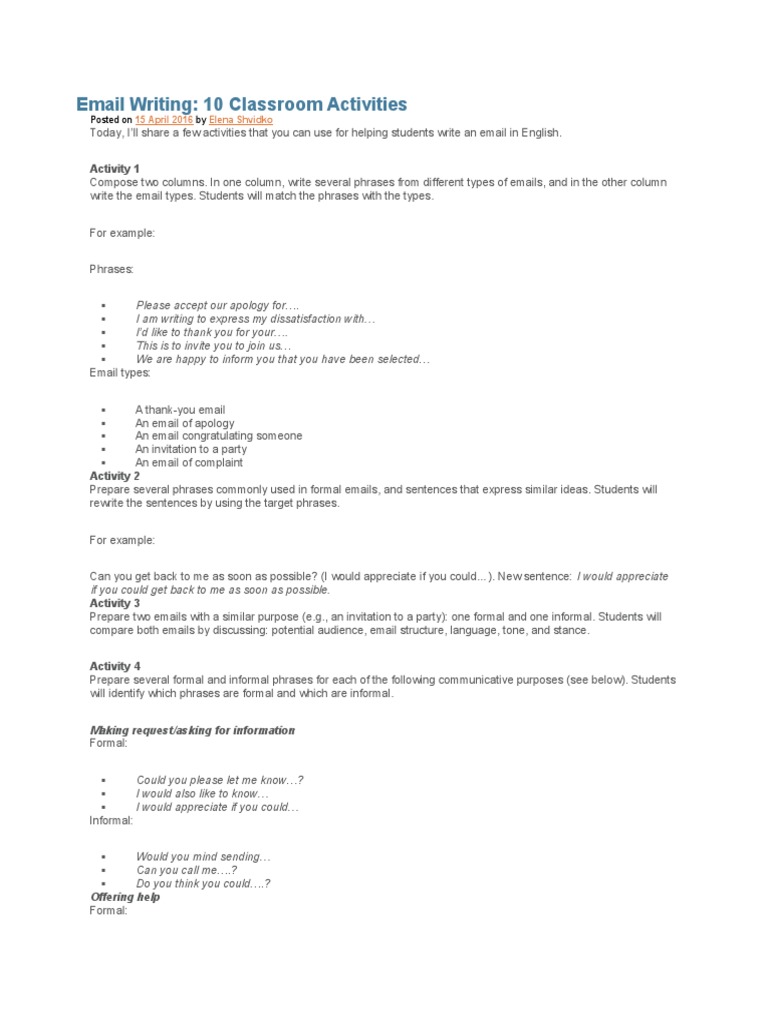 Email Writing: 10 Classroom Activities: Activity 1 | PDF | Conversation ...