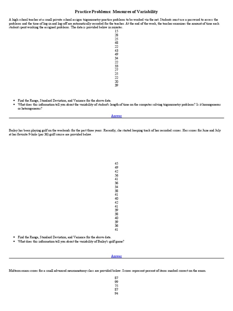 Practice Problems: Measures of Variability: Answer | PDF | Standard ...