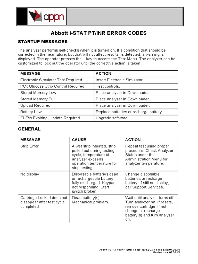 Abbott I-Stat Pt/Inr Error Codes: Startup Messages | PDF | Rechargeable ...