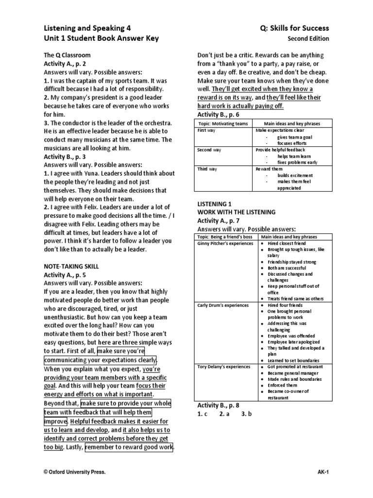 Q Skills For Success Listening and Speaking 4 Answer Key Unit 1 & 2 PDF ...