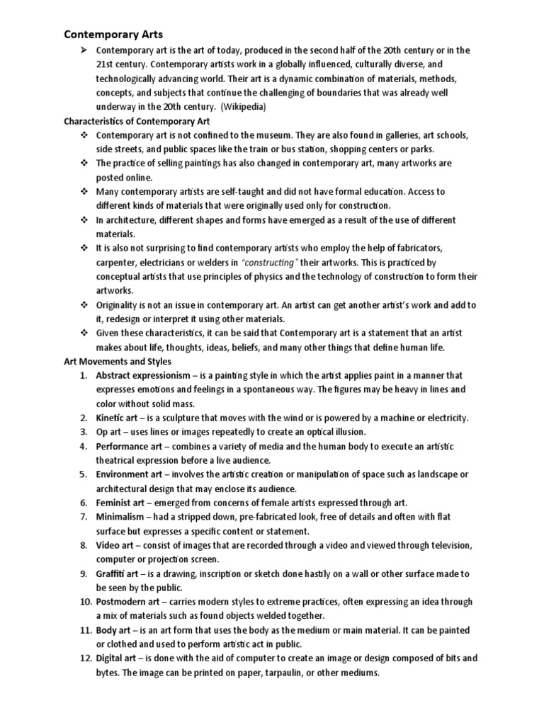 Contemporary Arts: Characteristics of Contemporary Art | PDF ...