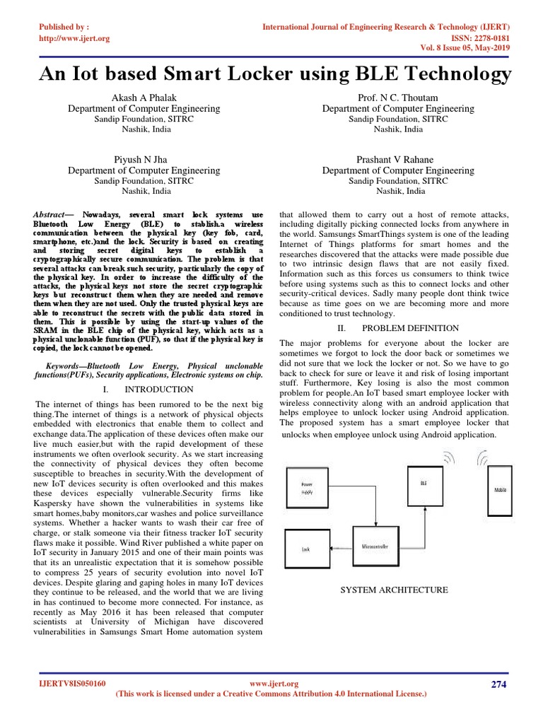 An Iot Based Smart Locker Using Ble Technology IJERTV8IS050160 PDF | PDF | Bluetooth ...