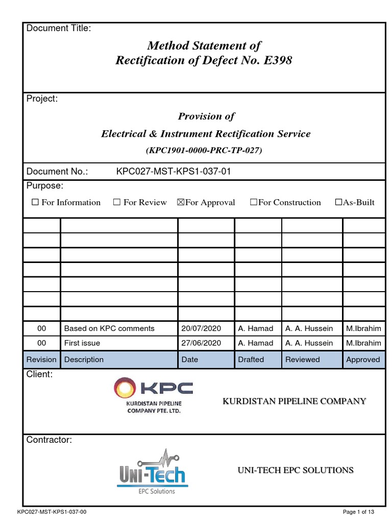 Method Statement of Rectification of Defect No. E398 | PDF | Electrical ...