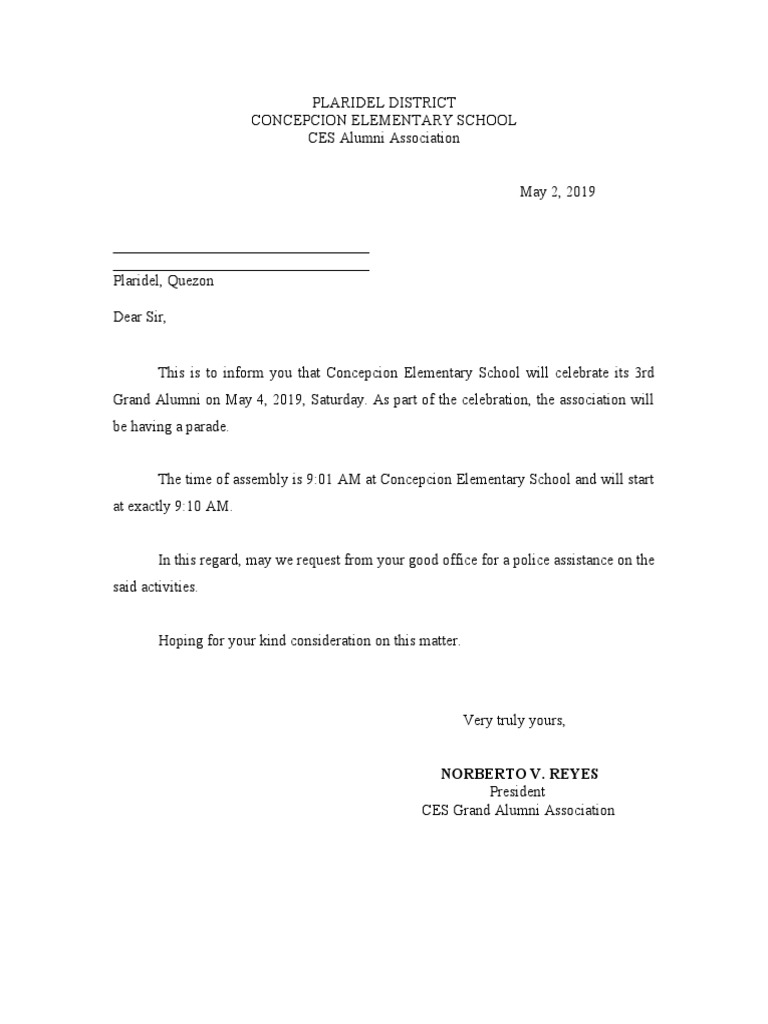 Letter Request For Police Assistance For Alumni Parade | PDF