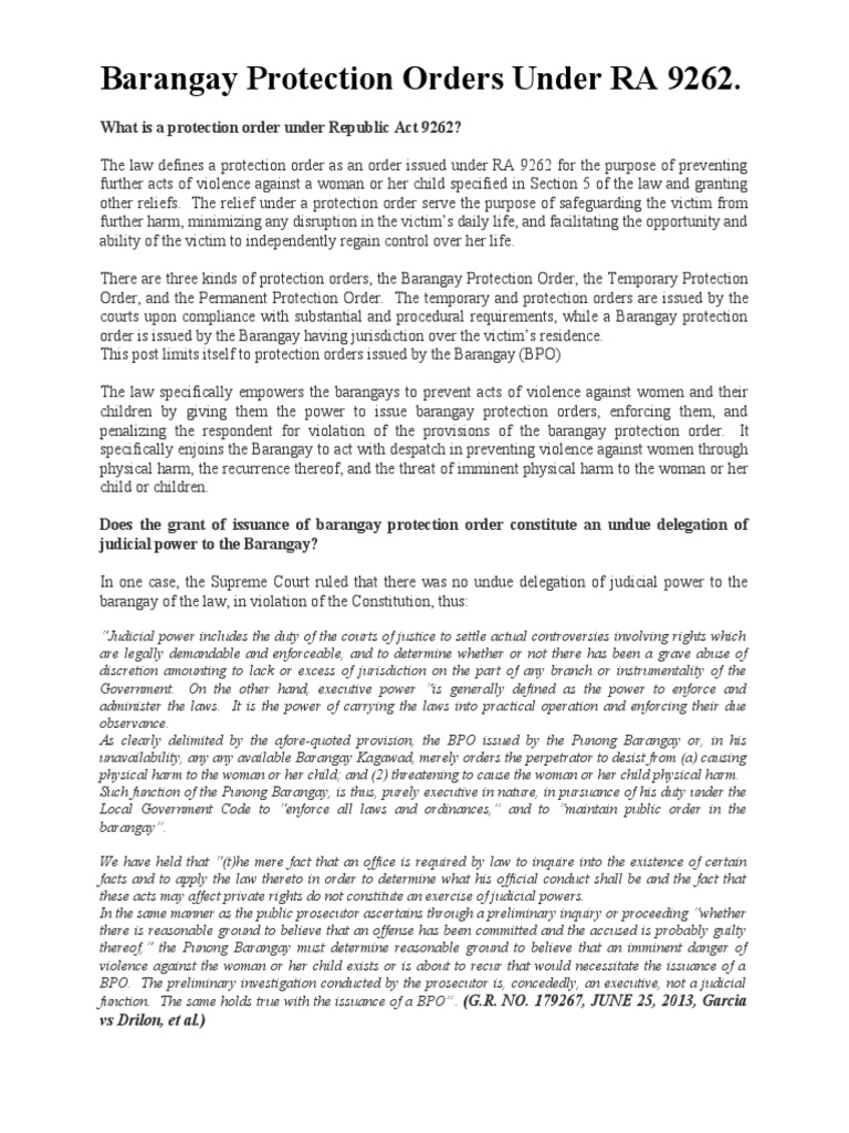 Barangay Protection Orders Under RA 9262 | PDF | Restraining Order ...