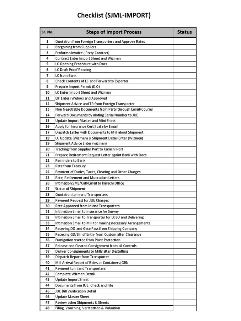 Checklist (SJML-IMPORT) : Steps of Import Process Status | PDF ...