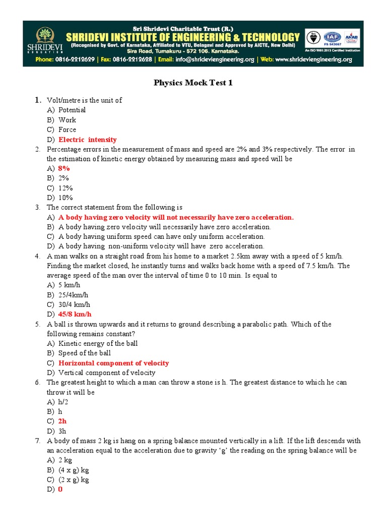 Kcet Mock Test Physics 1 | PDF | Light | Wavelength