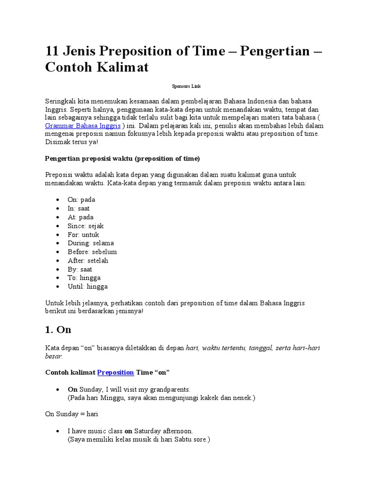 11 Jenis Preposition of Time | PDF