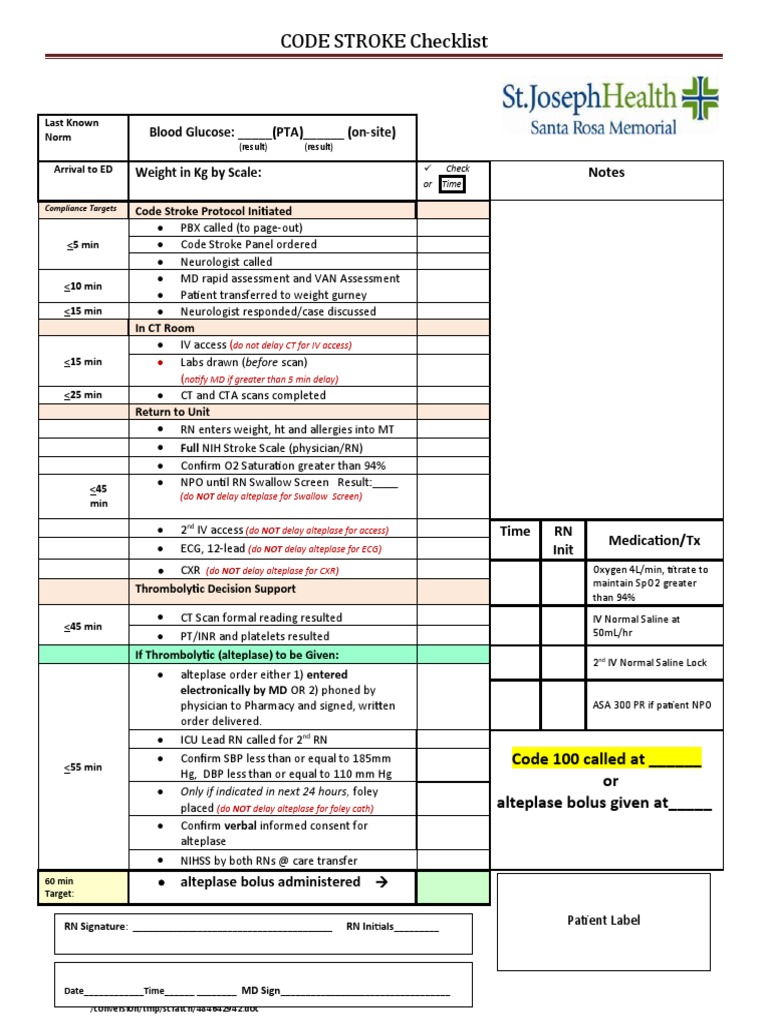 CODE STROKE Checklist:: Notes | PDF | Stroke | Clinical Medicine