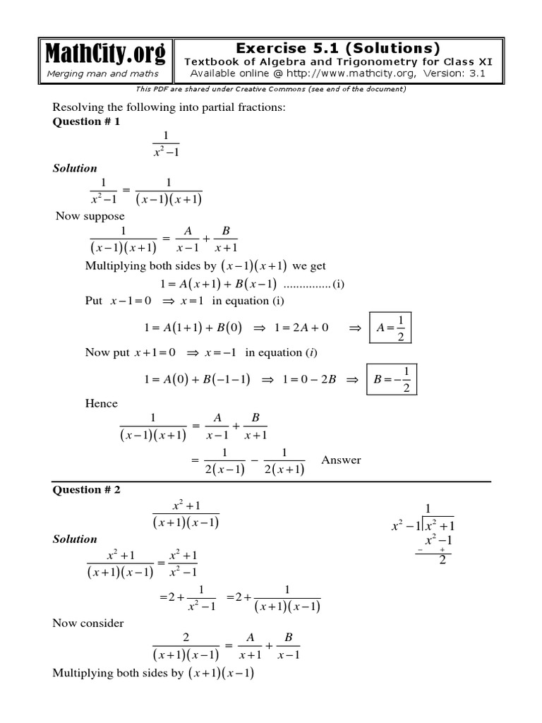 Question # 1: Exercise 5.1 (Solutions) | PDF | Equations | Mathematical ...