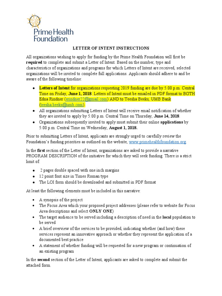 Letter of Intent Instructions Required To Complete and Submit A Letter ...