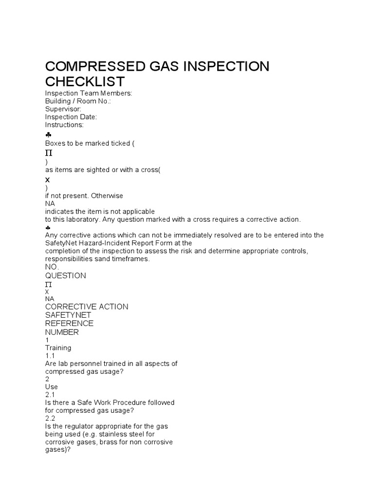 Compressed Gas Inspection Checklist: NO. Corrective Action Safetynet ...