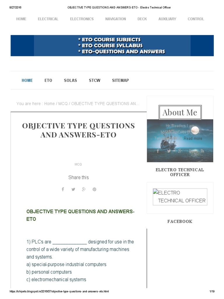 OBJECTIVE TYPE QUESTIONS AND ANSWERS-ETO - Electro Technical Officer | PDF | Relay | Control Theory