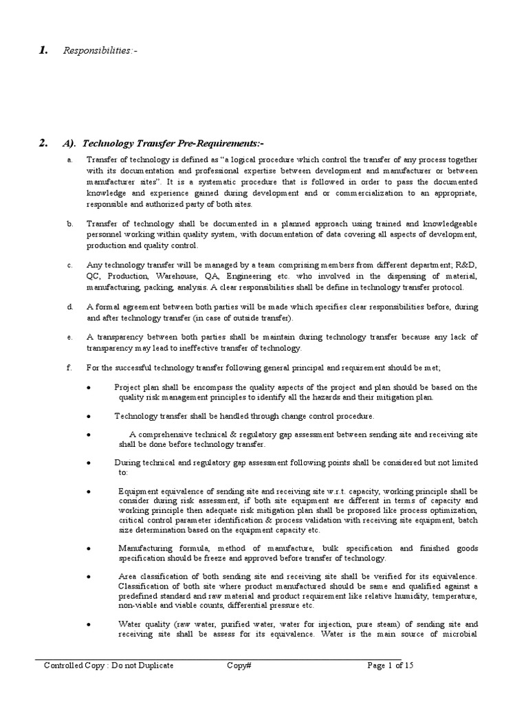 Technology Transfer Protocol for the Transfer of [PRODUCT NAME ...
