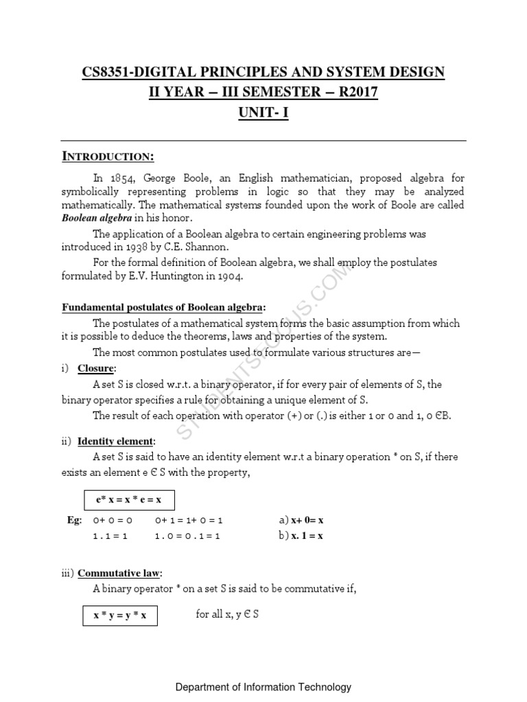 Cs8351-Digital Principles and System Design Ii Year - Iii Semester - R2017 Unit-I | Download ...