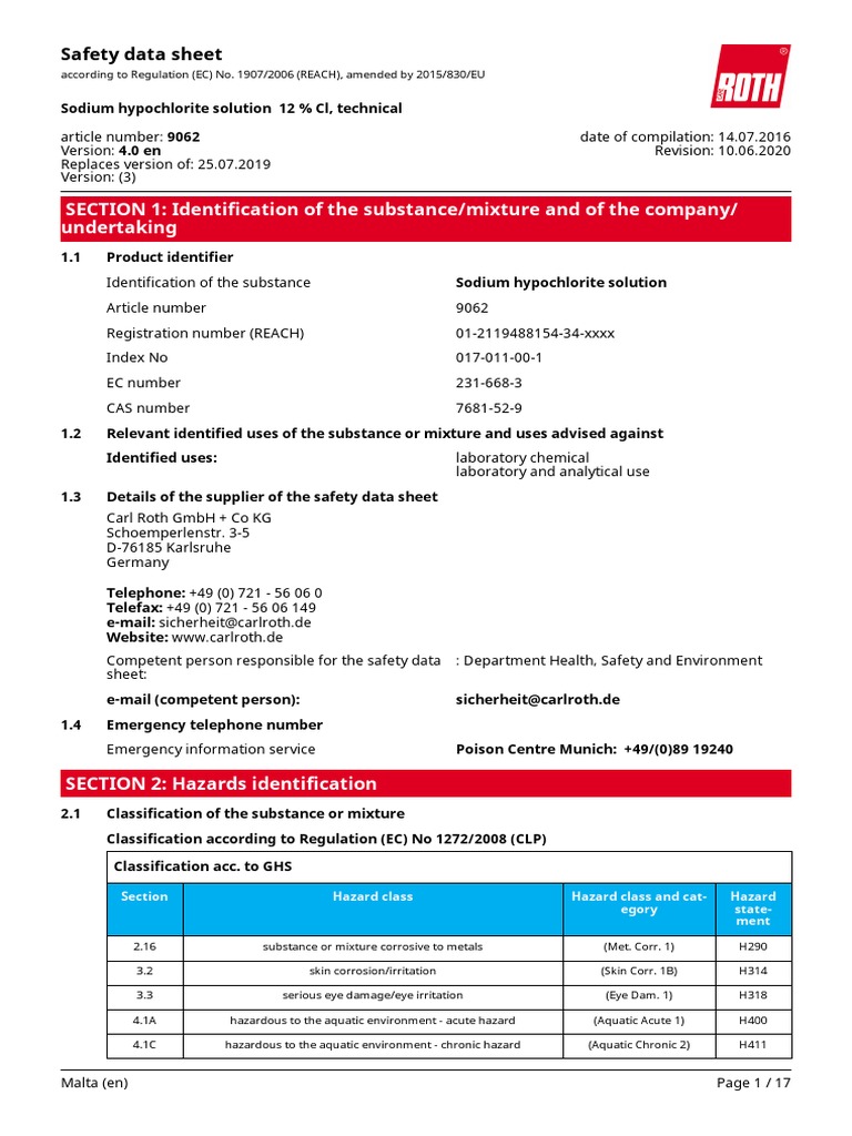 Sodium Hypochlorite Solution Safety Data | PDF | Dangerous Goods | Toxicity