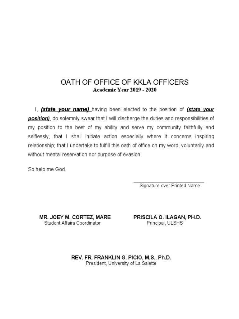 KKLA Student Officers Oath of Office 2019-2020 | PDF