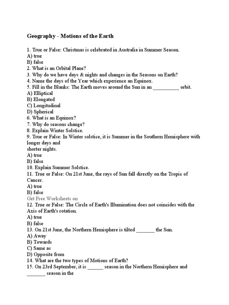 Geography - Motions of The Earth: Get Free Worksheets On | PDF | Night ...
