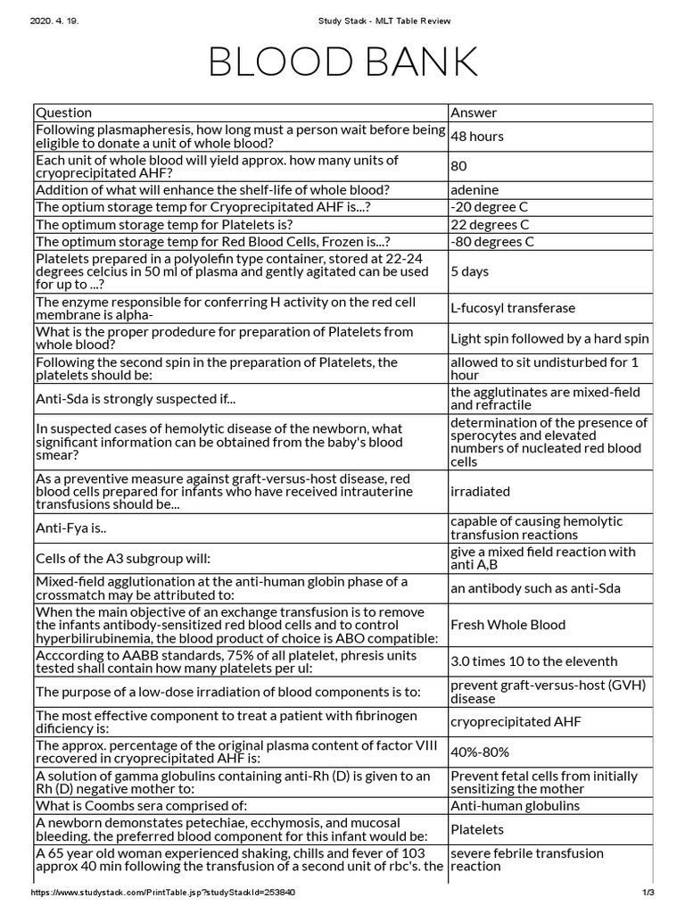 Study Stack - MLT Table Review | PDF | Blood Transfusion | Blood Type