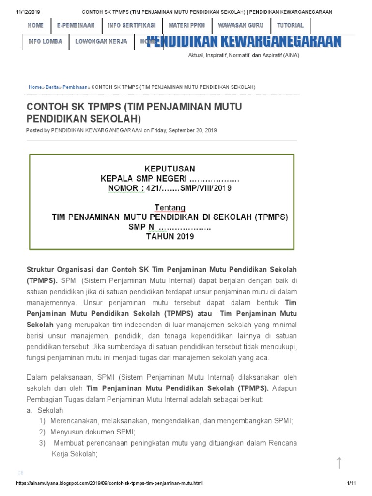Contoh SK TPMPS (Tim Penjaminan Mutu Pendidikan Sekolah) - Pendidikan Kewarganegaraan | PDF
