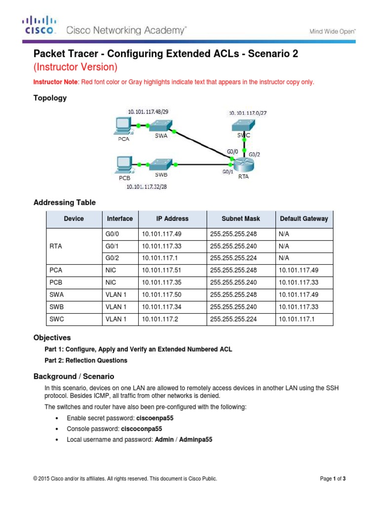 4.1.1.11 Packet Tracer - Configuring Extended ACLs Scenario 2 - Instructor | PDF | Computer ...