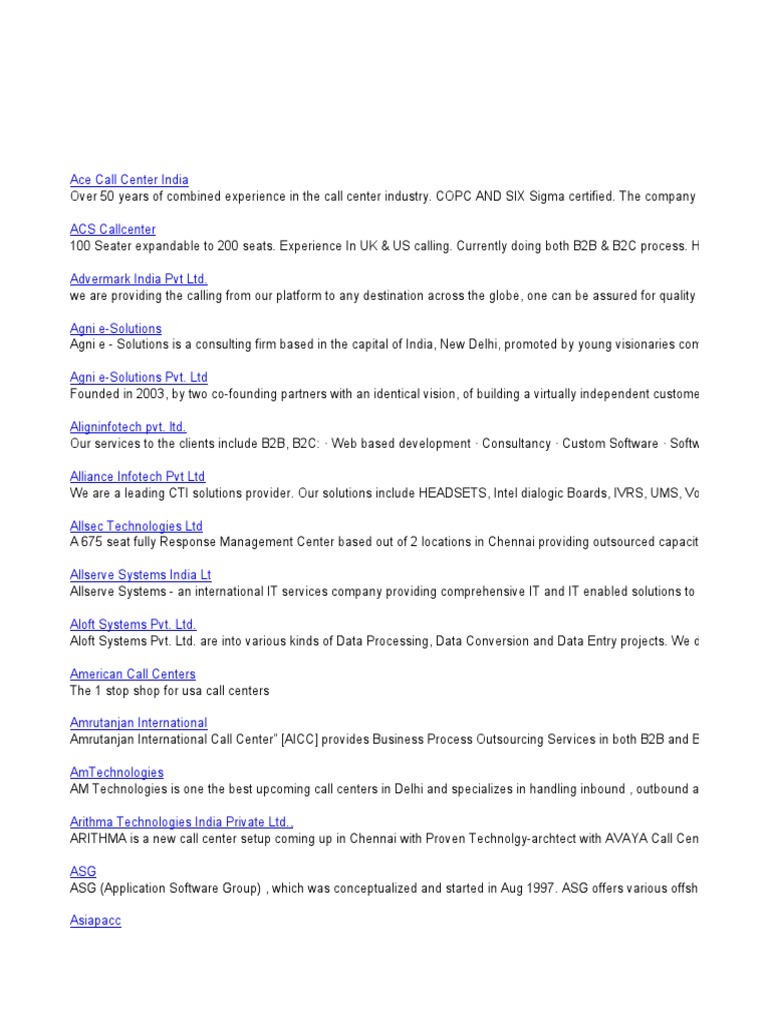 India Callcentre List | PDF | Call Centre | Outsourcing