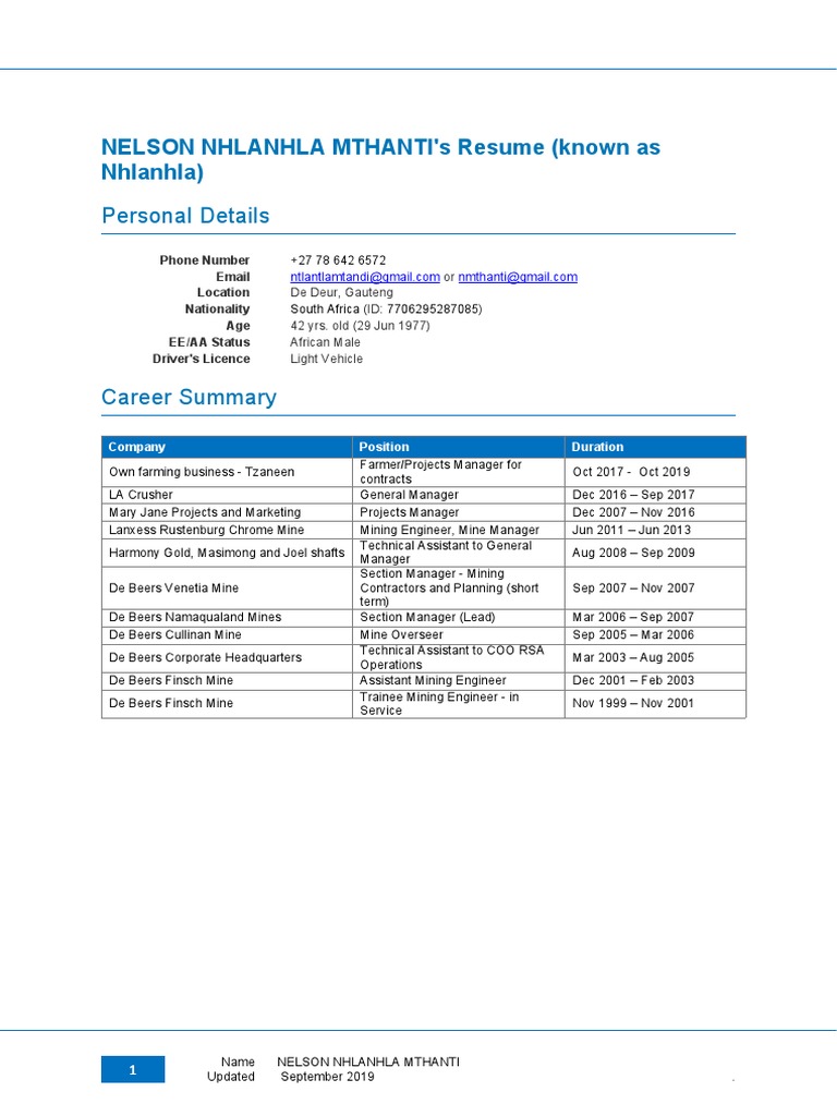 Nelson Nhlanhla Mthanti's CV 2019 - Abridged | PDF | Mining | Nature