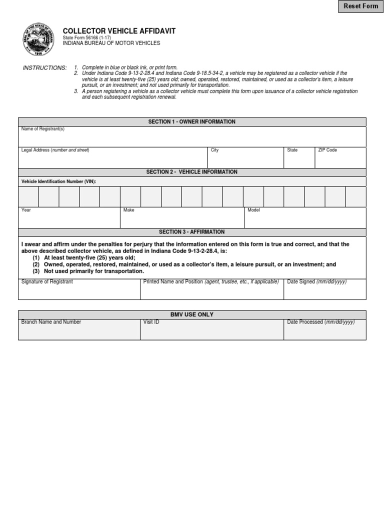 Collector Vehicle Affidavit: Instructions | PDF