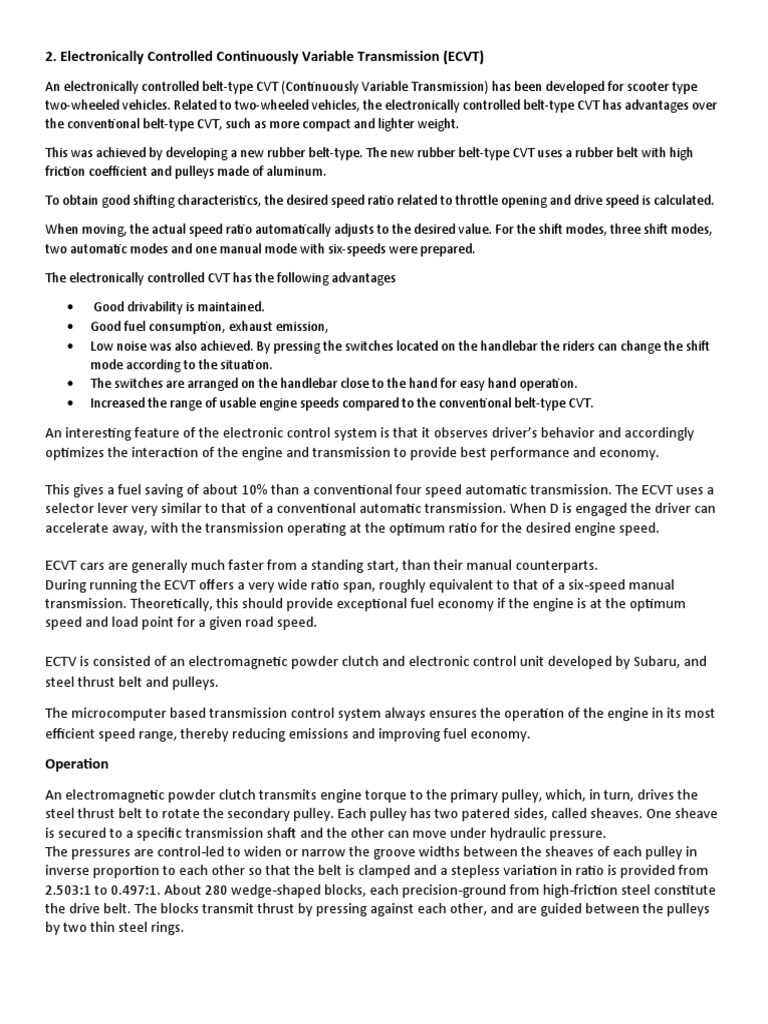 Electronically Controlled Continuously Variable Transmission (ECVT) | PDF | Automatic ...