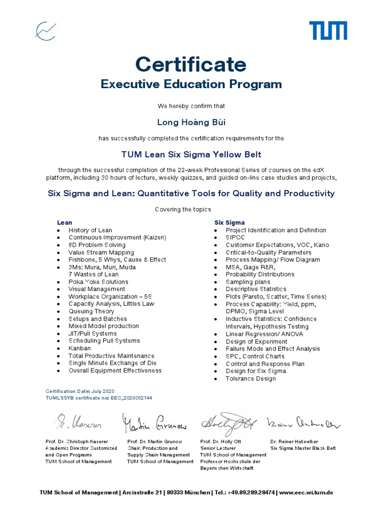 Certificate: Executive Education Program | PDF | Six Sigma | Statistics