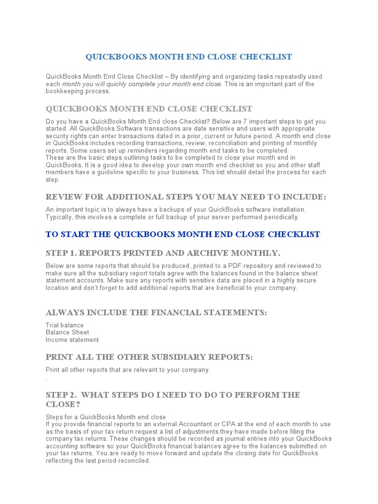 Quickbooks Month End Close Checklist | Download Free PDF | Quick Books ...