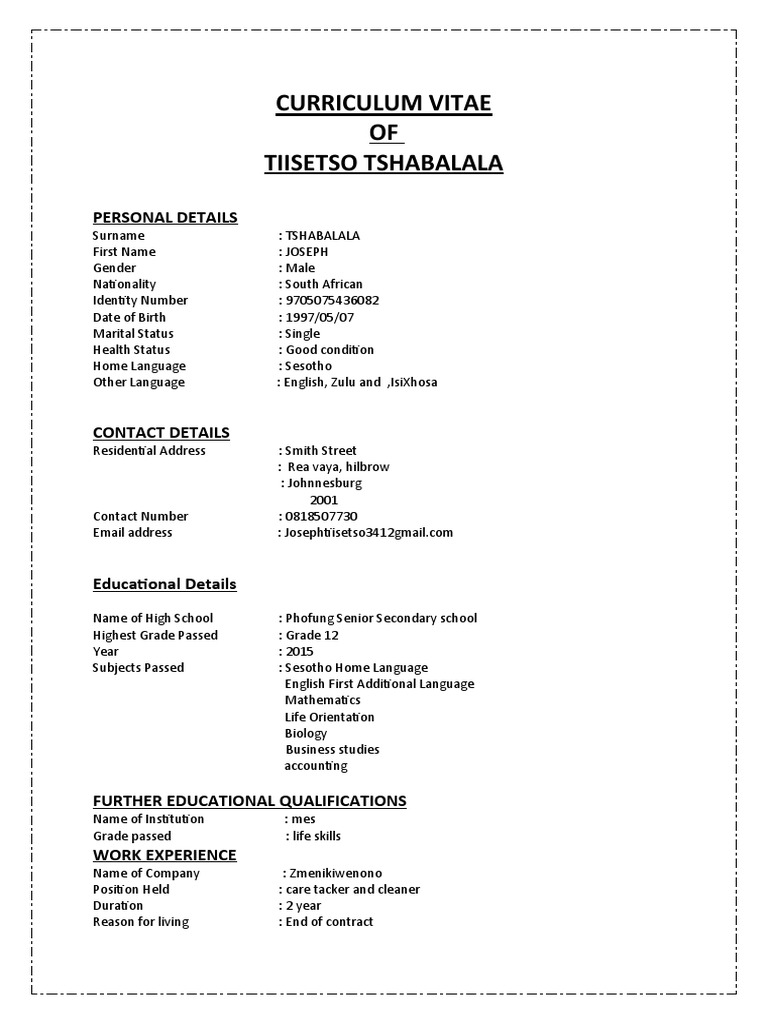 Curriculum Vitae OF Tiisetso Tshabalala: Personal Details | PDF